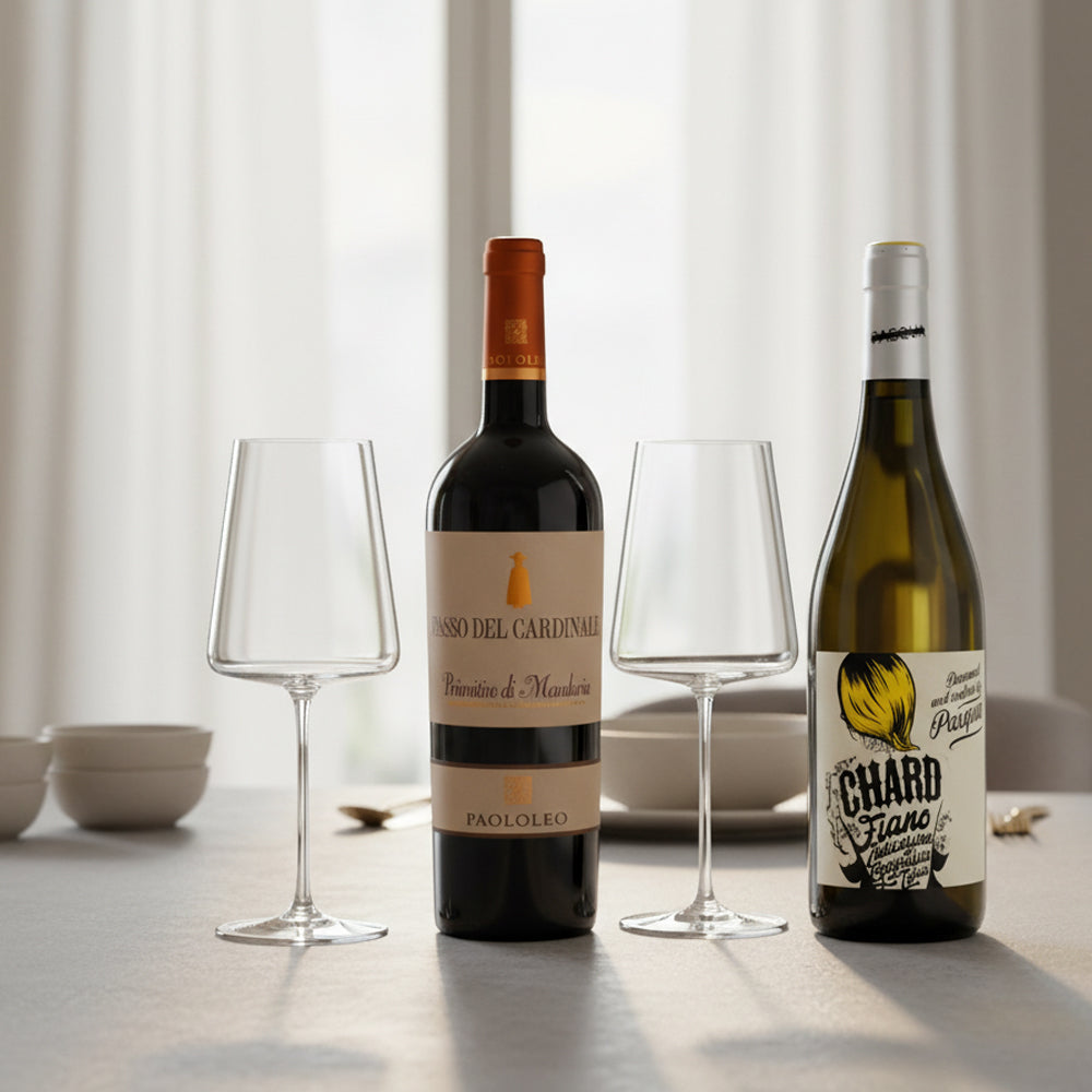 White & Red Wine Glass Set + Primitivo di Manduria + Fiano Puglia IGT